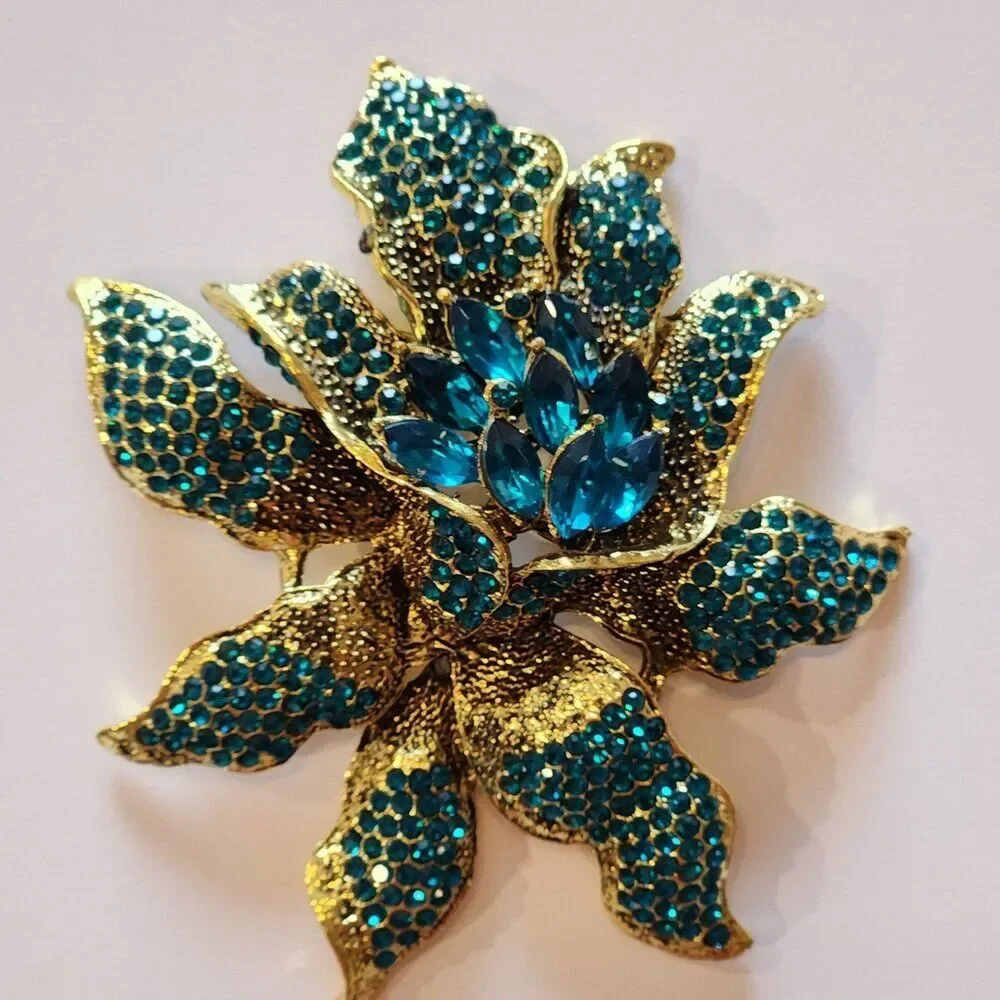 Jewelry | Orchid Flower Rhinestone Brooch Gorgeous Blue Green Color ...